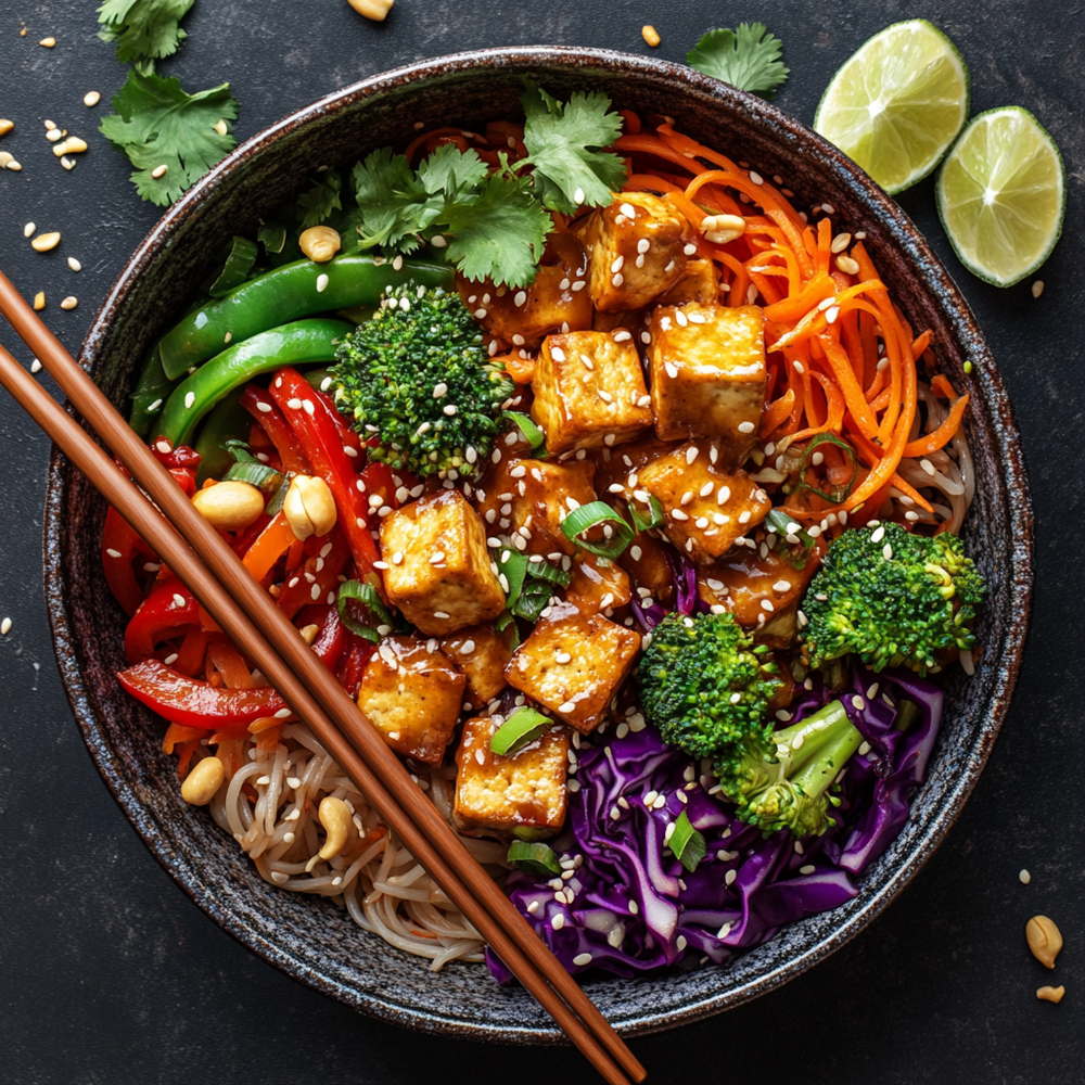 Peanut Lime Vegetable Noodle Stir-Fry with Crispy Tofu